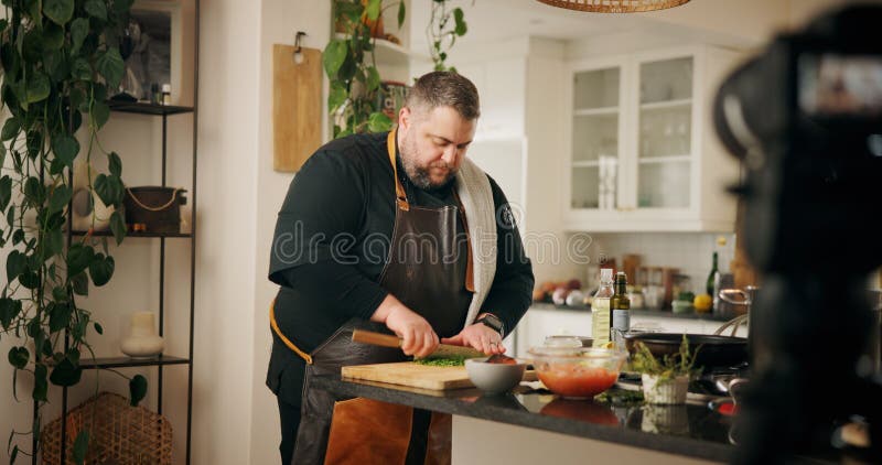 Vegetables, Cooking and Man with Live Streaming in Kitchen for Dinner ...