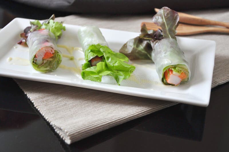 Vegetables and Crab Stick Rolls on White Plate Stock Image - Image of ...