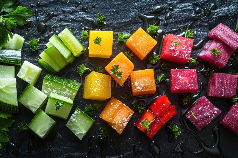 Vegetables are Cut into Cubes. Pepper, Cabbage, Onion, Cucumber ...