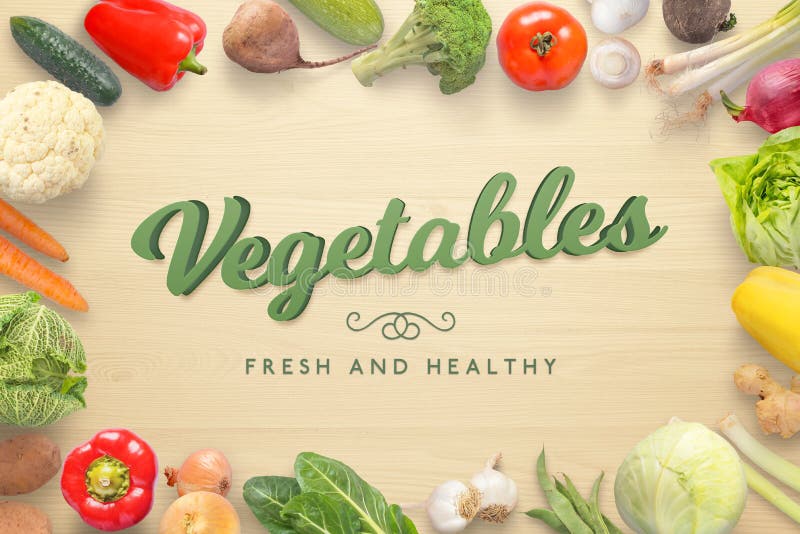 Vegetables 3D Text on Wooden Kitchen Table Surrounded with Fresh ...