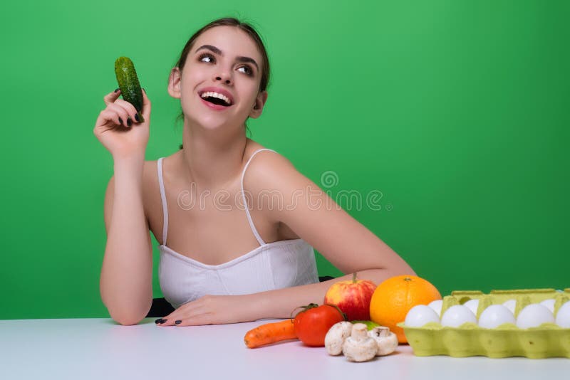 Vegetables Diet Happy Smiling Woman Eating Healthy Food Dieting Girl