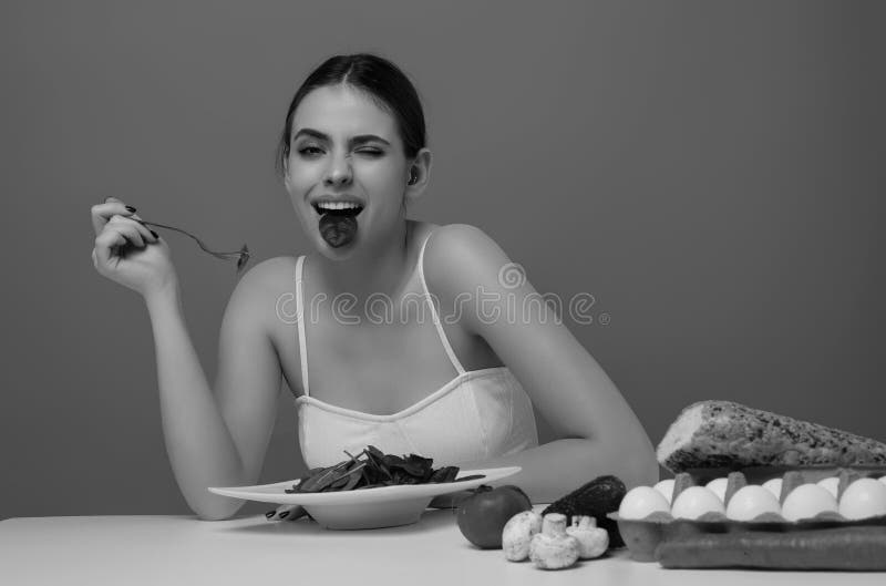 Vegetables Diet Happy Smiling Woman Eating Healthy Food Dieting Girl