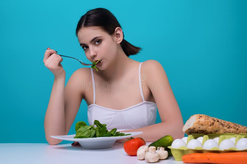 Vegetables Diet Young Woman Eating Healthy Food Dieting Girl Eating