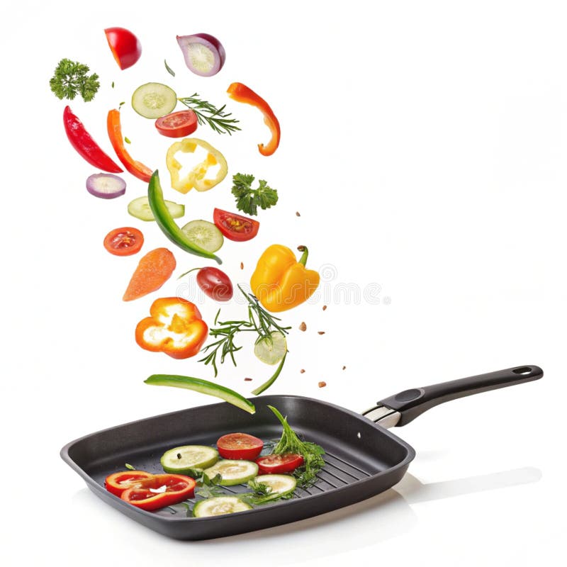 Vegetables Falling into Frying Pan. Healthy Eating, Vegetarian Food ...