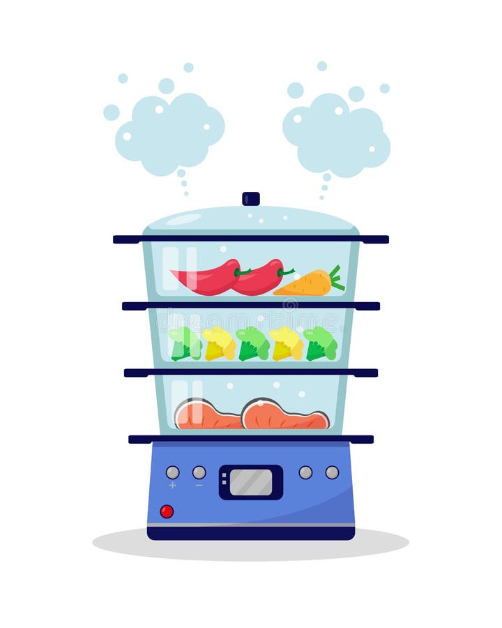 Steamer With Vegetables And Fish. Contour Fashionable Illustration Of ...