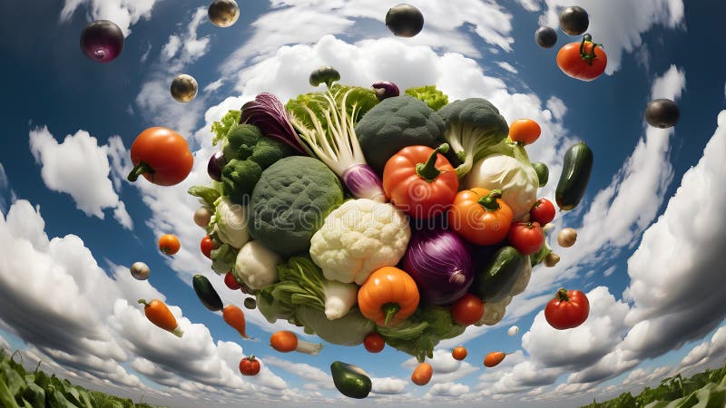 Vegetables Floating in the Sky with Clouds Background and Fisheye Lens ...