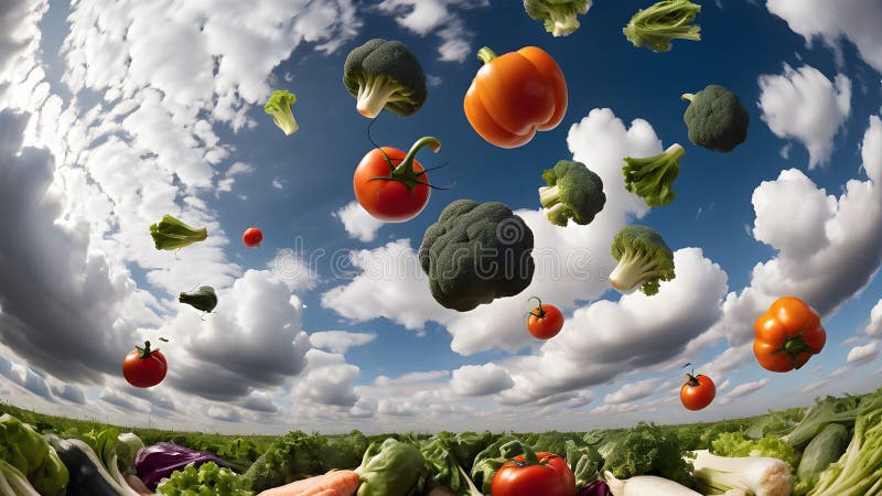Vegetables Floating in the Sky with Clouds Background and Fisheye Lens ...