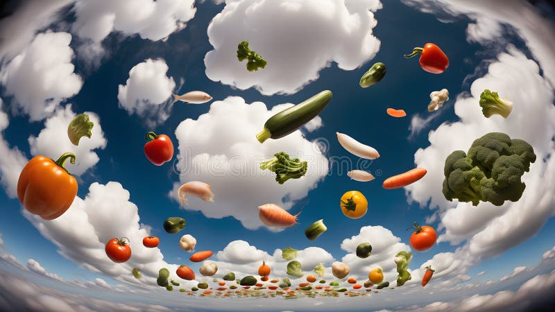Vegetables Floating in the Sky with Clouds Background and Fisheye Lens ...