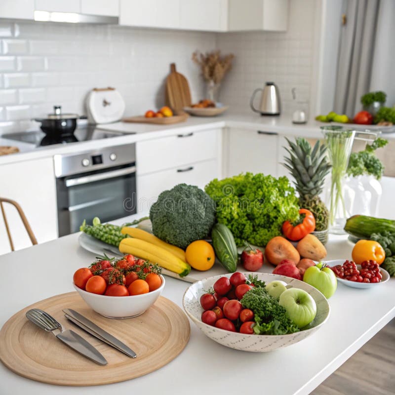 Vegetables and Fruit on the Table in Clean Kitchen Stock Illustration ...