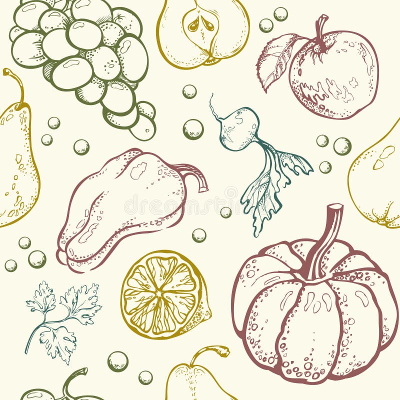 Vegetables and Fruits Seamless Pattern Stock Vector - Illustration of ...