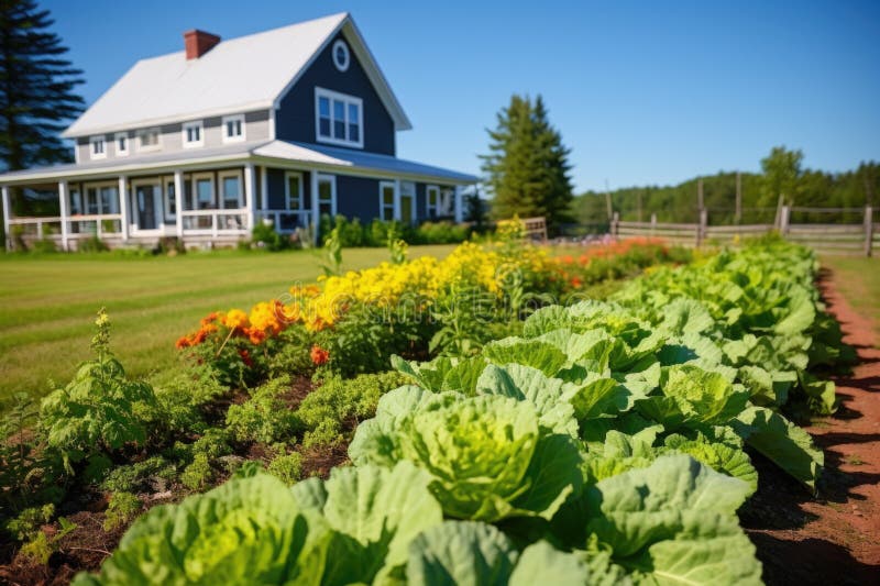 Vegetables Garden in Front of Farmhouse and Barn Stock Image - Image of ...