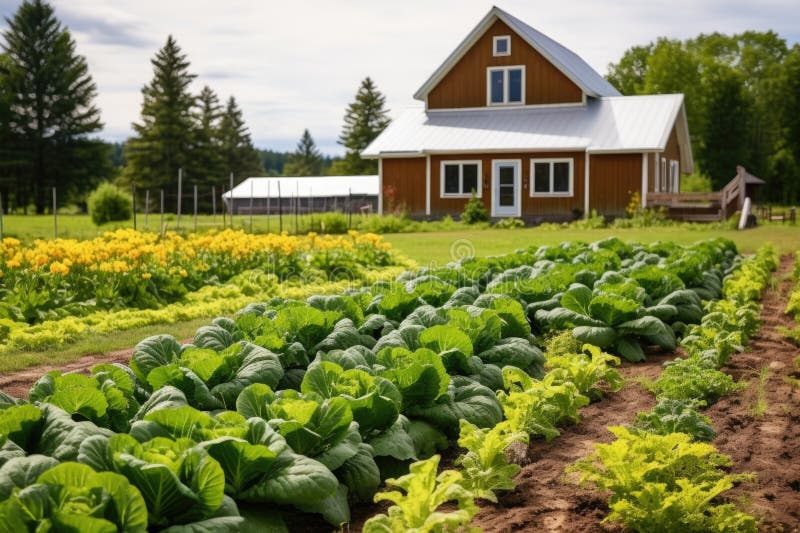 Vegetables Garden in Front of Farmhouse and Barn Stock Photo - Image of ...