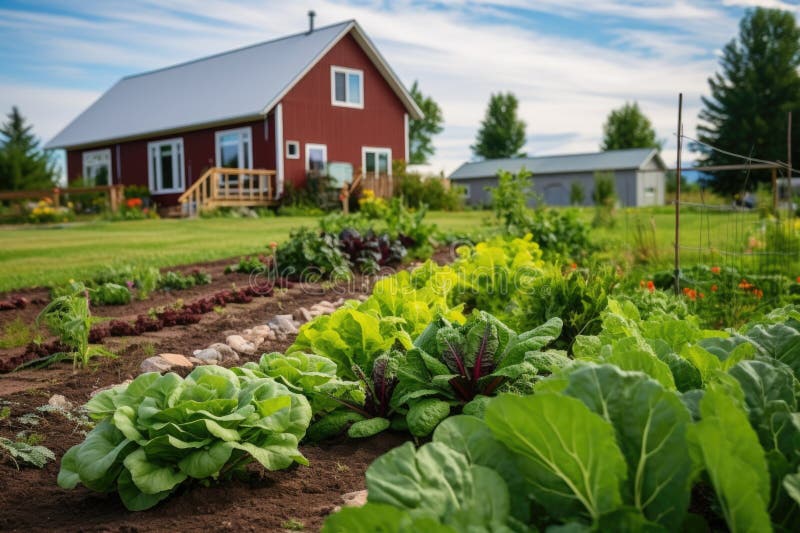 Vegetables Garden in Front of Farmhouse and Barn Stock Image - Image of ...