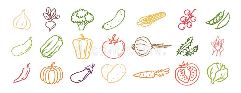 Vegetables Icons Chalk Hand Drawn Doodle Set. Drawing Crayon Vegetables ...