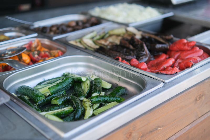 Vegetables in Iron Dishes Ready for Grill Stock Photo - Image of ...