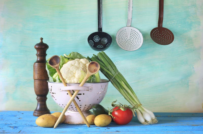 Vegetables and Kitchen Utensils Stock Image - Image of meal, onion ...