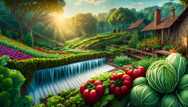 Vegetables with a Landscape Background Stock Illustration ...