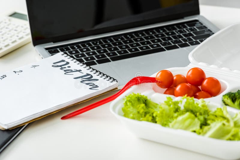 Vegetables Near Notebook with Diet Plan Lettering and Laptop Stock ...