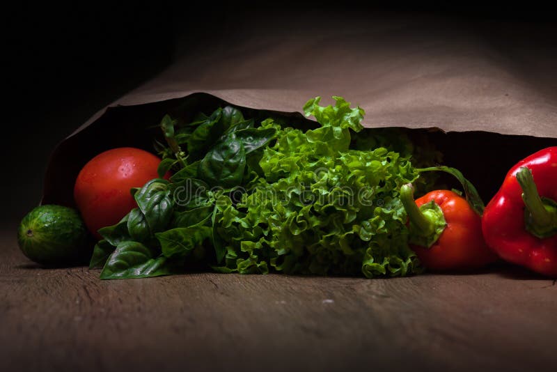 Vegetables in a Paper Bag on a Wooden Table. Stock Photo - Image of ...