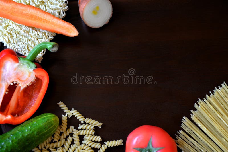 Vegetables and Pasta on the Left Side of the Frame. Stock Image - Image ...