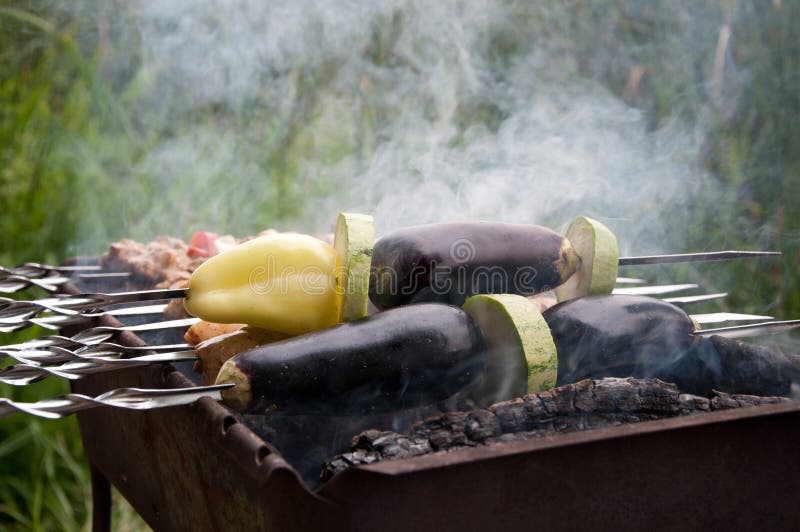 Vegetables are Roasted Over a Fire Stock Image - Image of smoke ...