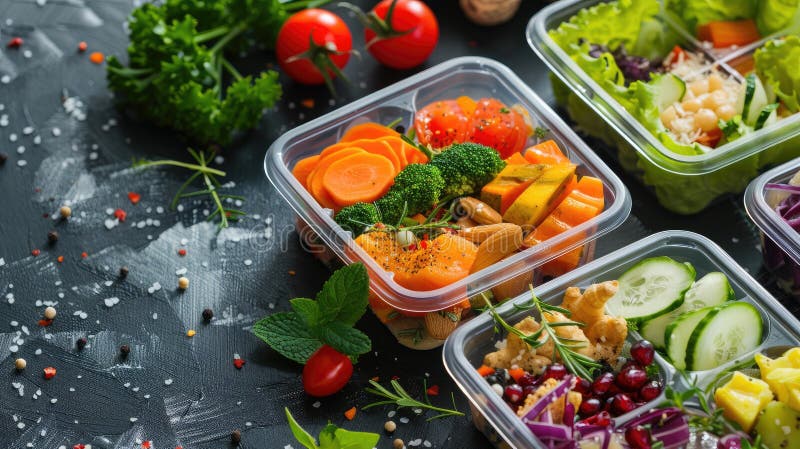Vegetables and Salads in Plastic Containers. Selective Focus Stock ...