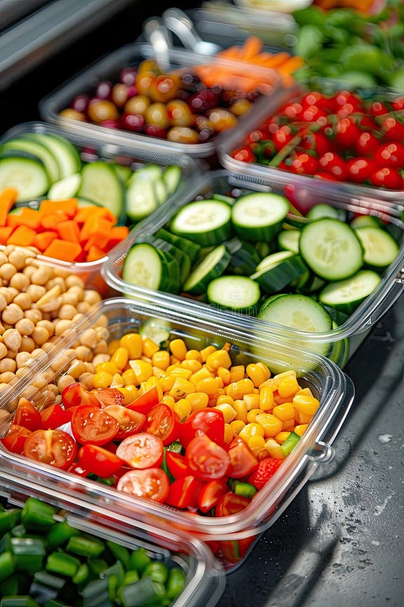 Vegetables and Salads in Plastic Containers. Selective Focus Stock ...