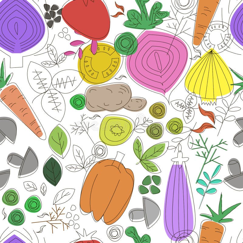 Vegetables Seamless Pattern. Linear Graphic. Vegetables Background ...