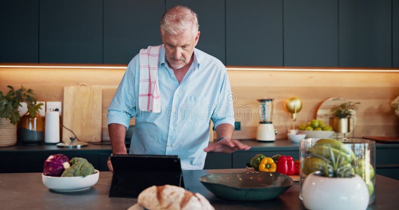 Vegetables, Senior Man or Cooking on Tablet for Recipe Method, Dinner ...