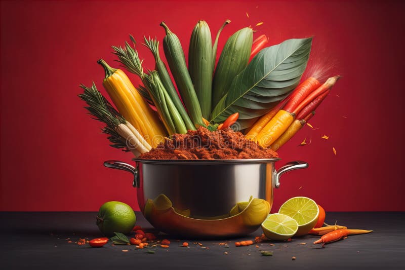 Vegetables and Spices with Chili Powder in Pot on Red Background ...
