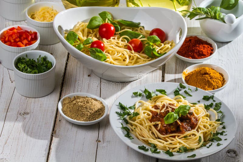Vegetables, Spices, Spaghetti and Ready-meal Stock Image - Image of ...