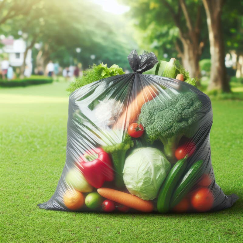 Vegetables Stacked in a Garbage Bag on a Green Lawn. Stock Image ...