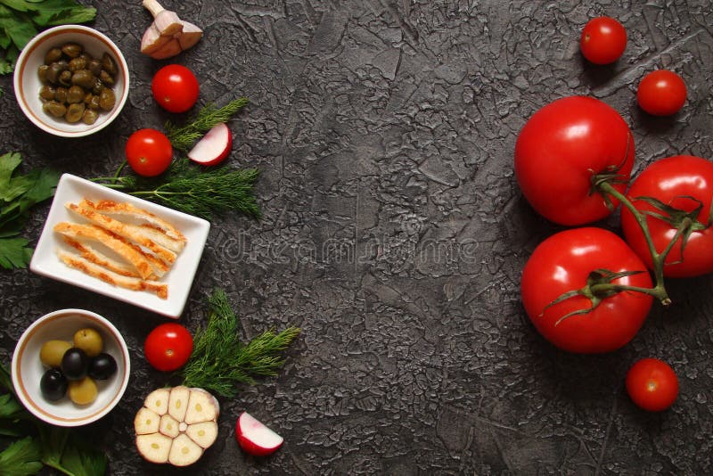 Vegetables, Tomatoes, Herbs, Olives, Capers, Garlic on Textured Stock ...