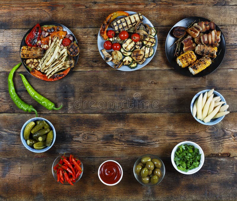 Vegetarian Barbecue Dinner. Various Vegetarian Snacks on a Wooden Table ...