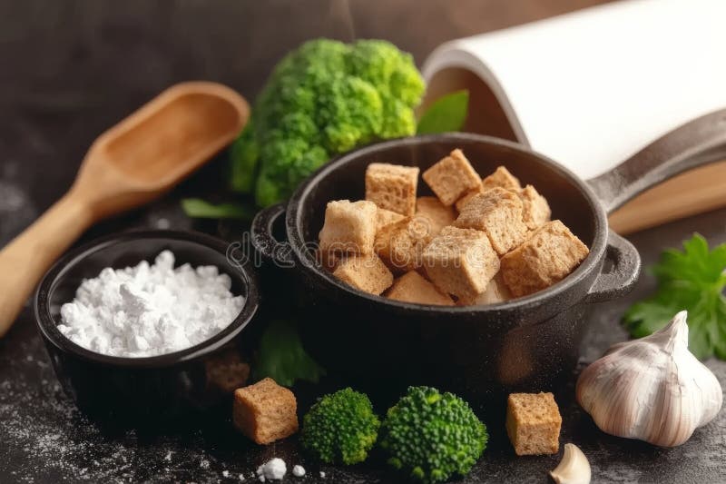 Vegetarian Cooking with Roasted Bread Cubes, Garlic, Broccoli, and Salt ...