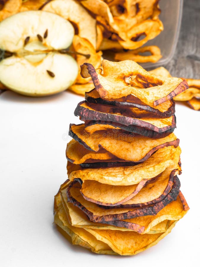 Vegetarian Dries Apples Tower, Dehydrated Healthy Snack Chips Stock ...