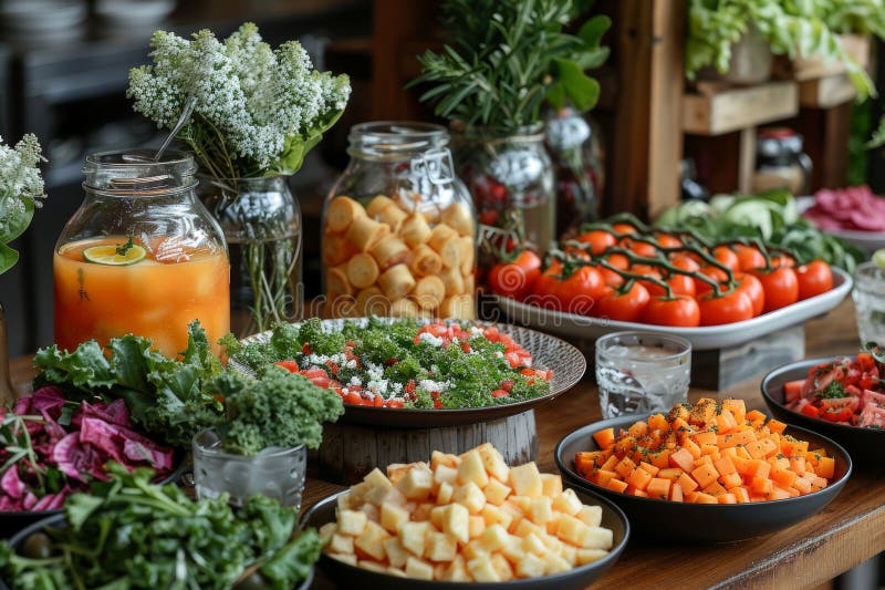 Vegetarian Snack Table Setting with Vegetable Dish and Drinks in ...
