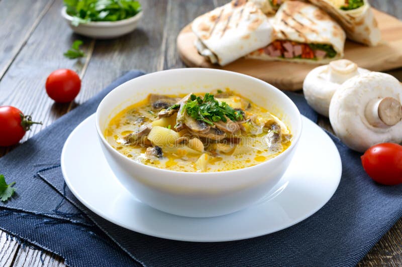 Vegetarian Soup with Champignons and Vegetables. Mushroom Soup for ...