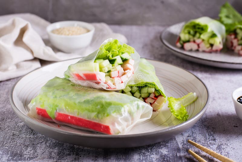 Vegetarian Spring Rolls with Cucumber, Crab Sticks and Lettuce on a ...