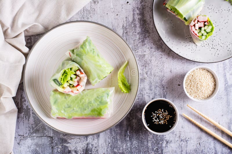Vegetarian Spring Rolls with Cucumber, Crab Sticks and Lettuce on a ...