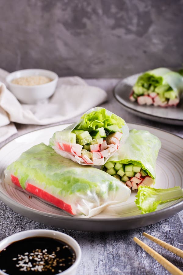 Vegetarian Spring Rolls with Cucumber, Crab Sticks and Lettuce on a ...