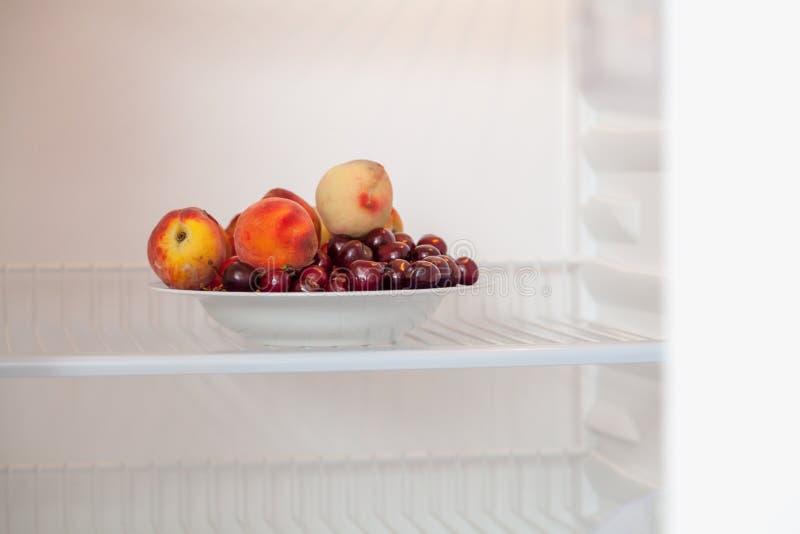Set of Fruit in Empty Open Refrigerator Stock Image - Image of bachelor ...