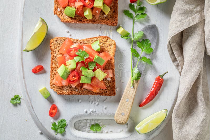 Vegetarian Toast with Tomatoes, Coriander and Lime Stock Image - Image ...