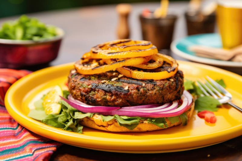 Veggie Burger with Grill Lines on a Colorful Platter Stock Photo ...
