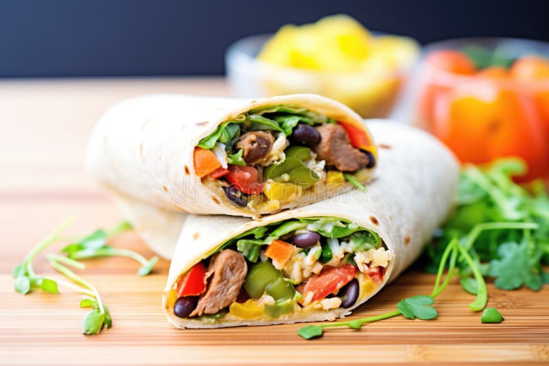 Veggie Burrito Sliced in Half, Revealing Refried Beans Inside Stock ...