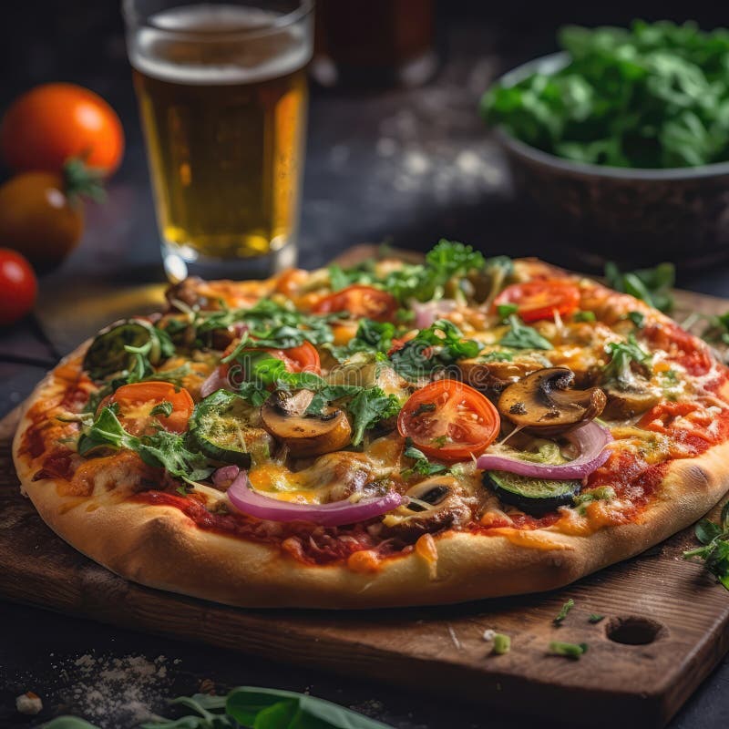 Veggie Pizza on Stone in Rustic Pub. Generative AI Stock Illustration ...