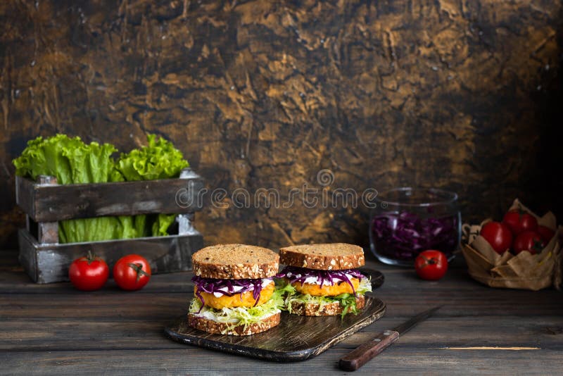Veggie Sandwich with Rice Cutlet Stock Photo - Image of darkness, food ...