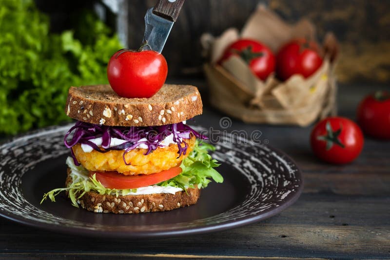 Veggie Sandwich with Rice Cutlet Stock Image - Image of dinner, bottle ...