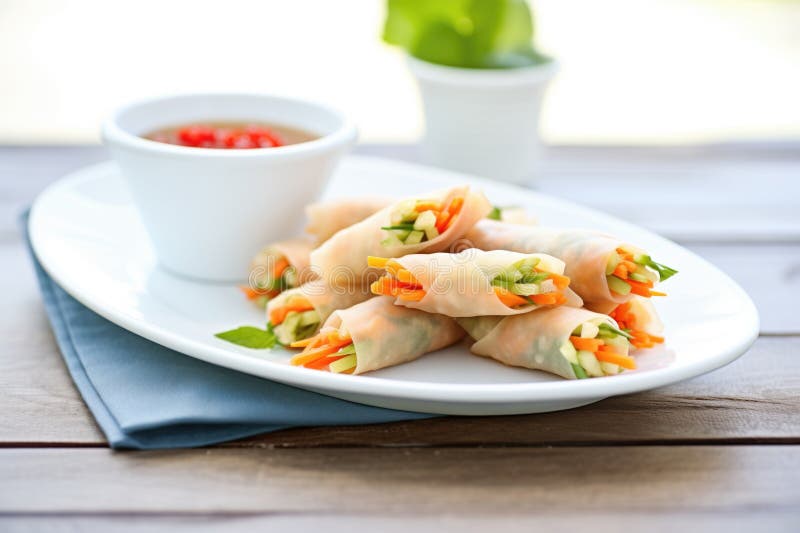 Veggie Spring Rolls with Sweet Chili Dipping Sauce on a Plate Stock ...
