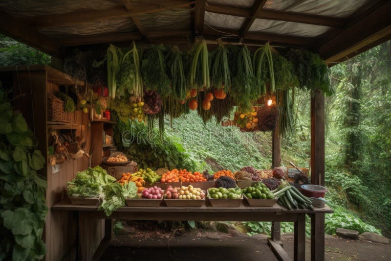 Veggie Stand Surrounded by Lush Greenery, with Fruit Hanging Overhead ...